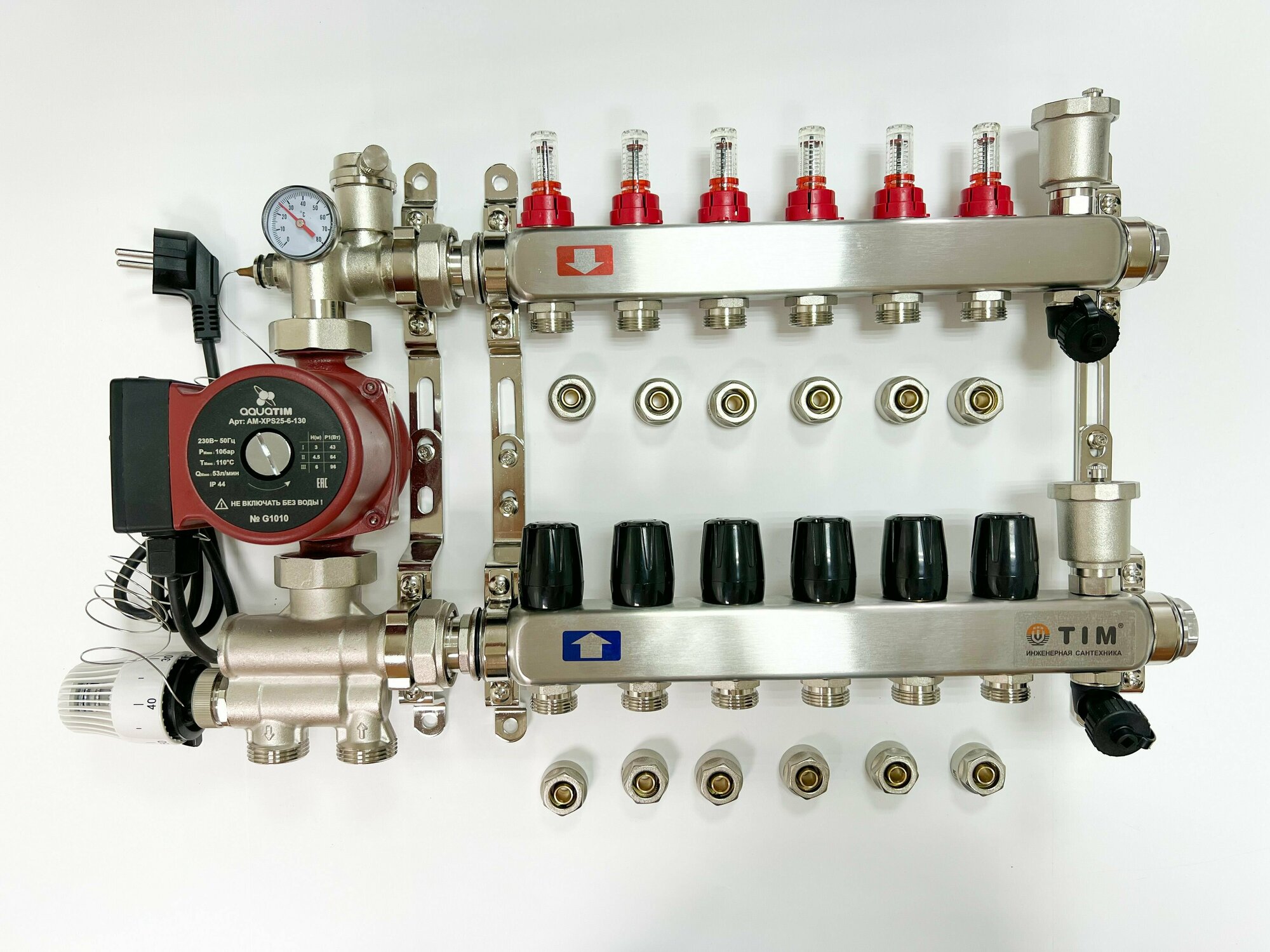 Комплект водяного теплого пола: коллектор 6 выходов с расходомерами+смесительный узел+насос 25-6+евроконусы (до 80м2)
