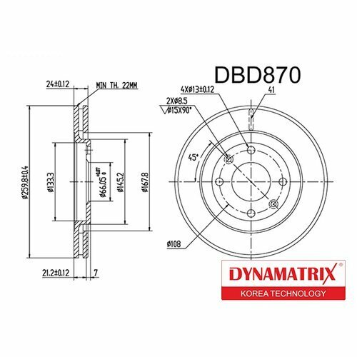 Тормозной диск передний Dynamatrix-Korea DBD870 для Peugeot 406