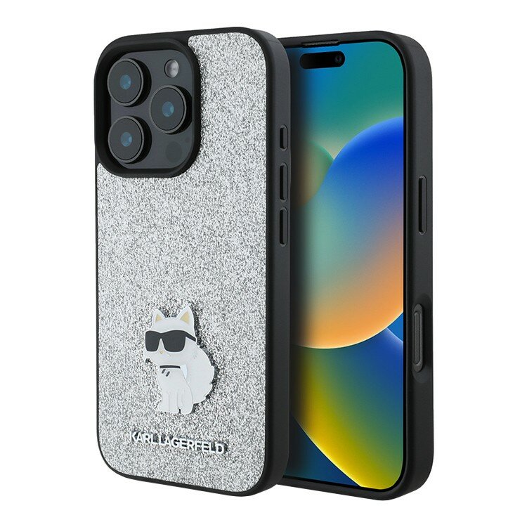 Karl Lagerfeld чехол для iPhone 16 Pro Max, Fixed glitters NFT Choupette Silver