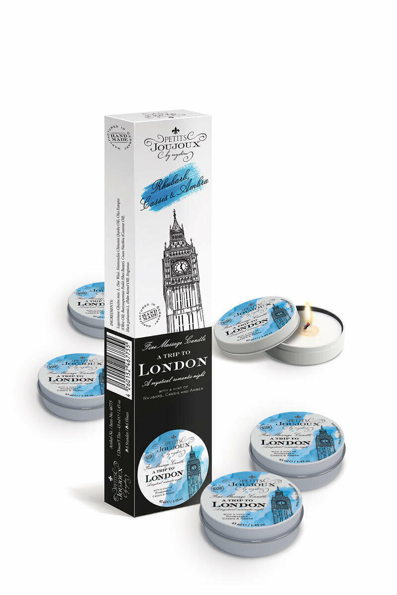Набор массажных свечей Petits Joujoux Trip to London ревень, амбра и чёрная смородина, 5*43 г