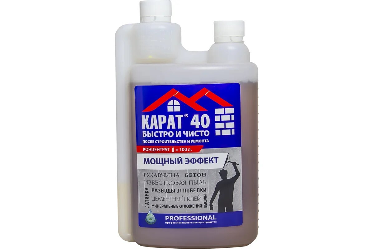 Карат 40 кислотное средство для очистки отложений после стройки, концентрат 1 л, два горла