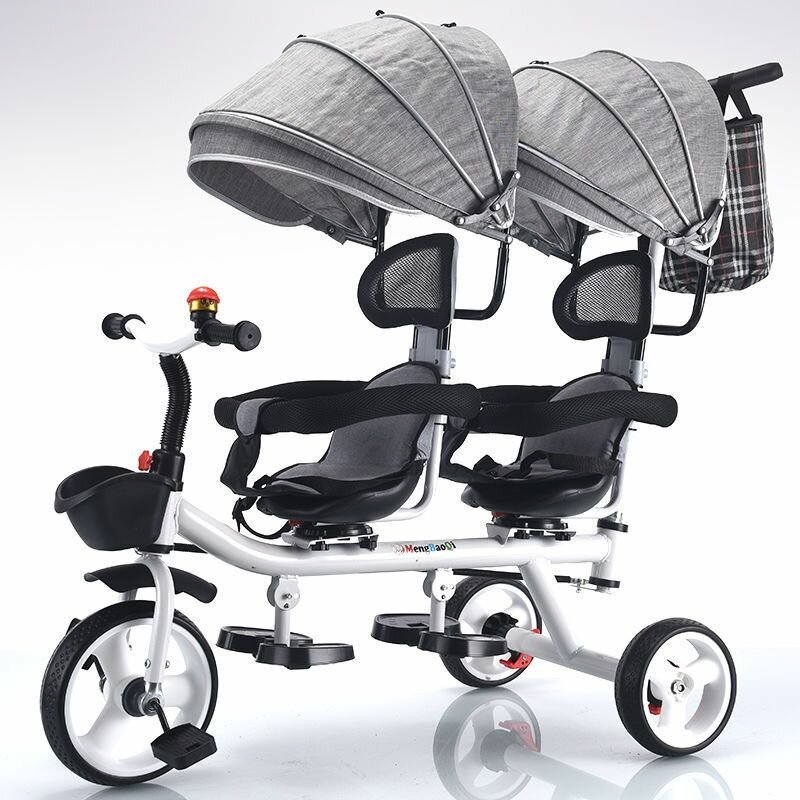 Детская двухместная трехколесная коляска с ручным толкателем, многофункциональная коляска, белый, серый