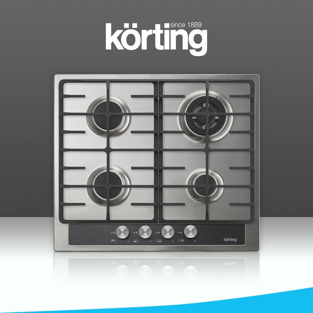 Газовая варочная панель Korting HG 665 CTGX ширина 60 см, 4 конфорки, WOK, электроподжиг, нержавеющая сталь