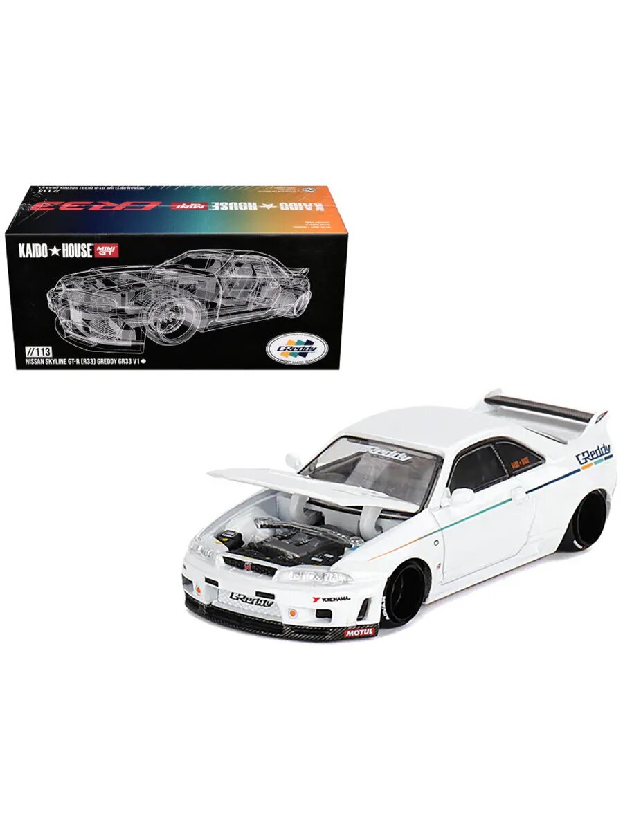 Коллекционная Premium машинка KAIDO HOUSE x Mini GT Nissan Skyline GT-R (R33) Greddy V1 White (year 2024, KHMG113)