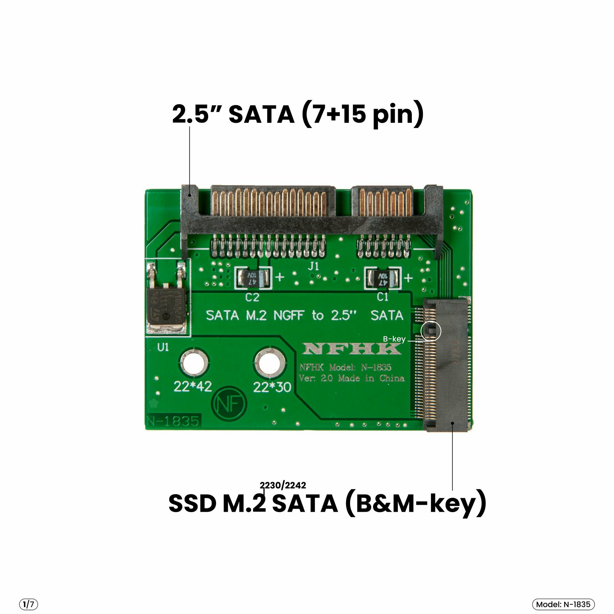 Адаптер-переходник SSD M.2 2230/2242 SATA (B&M-key) > 2.5" SATA, зеленый, N-1835
