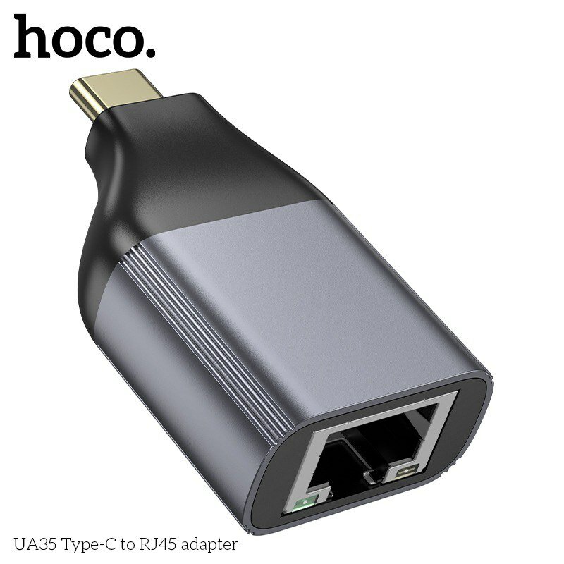 Адаптер Hoco UA35, Type-C - RJ45, алюминиевый сплав, АБС-пластик, серый/черный — фото 1