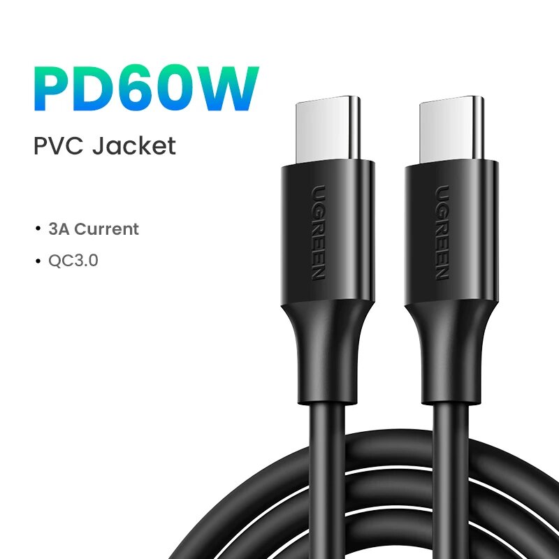 UGREEN Кабель USB Type C — USB C для Samsung S9 Plus PD 100 Вт Кабель Fast Charge Quick Charge 4.0 USB-C для Macbook Pro Шнур USB C 2 м, 60W PVC Black