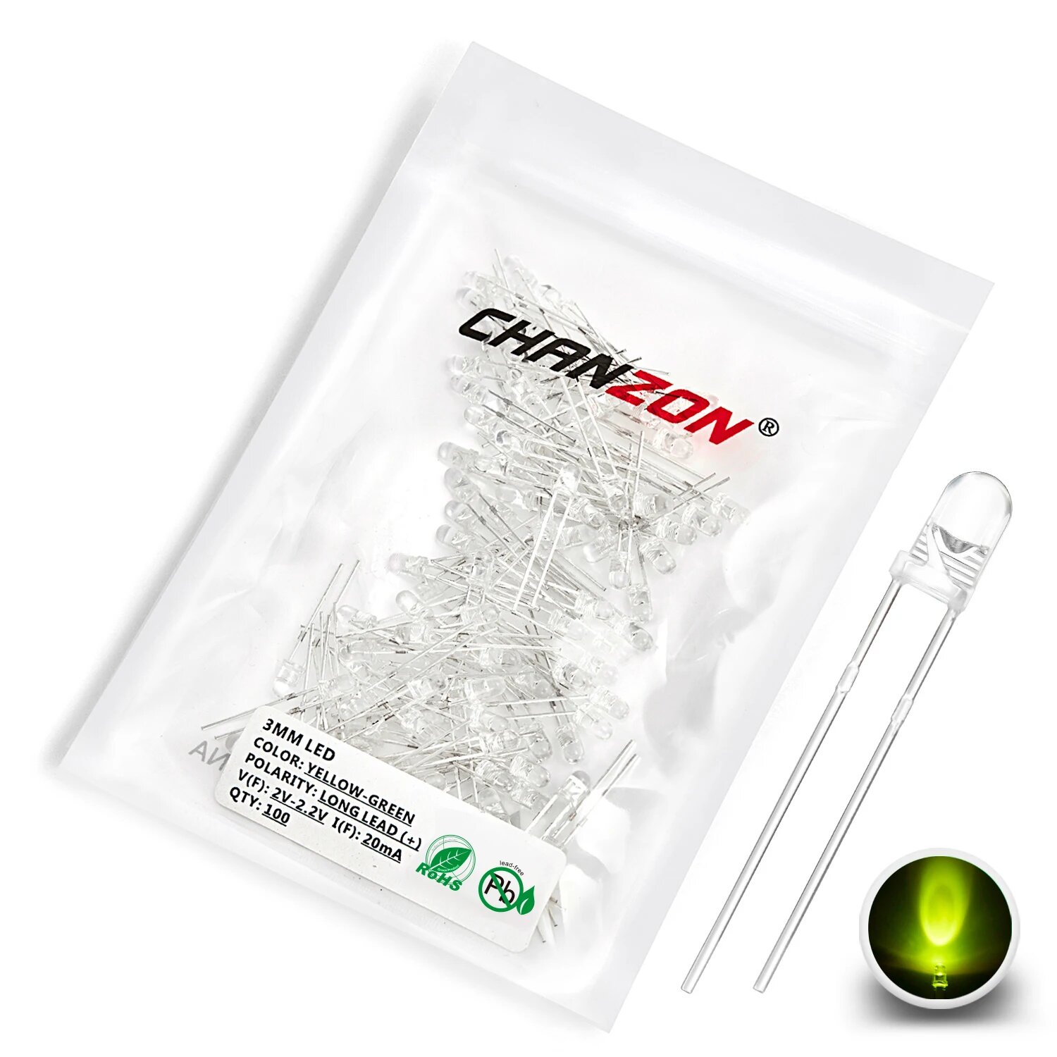 100 шт. светодиоды CHANZON 3 мм, Yellow-green