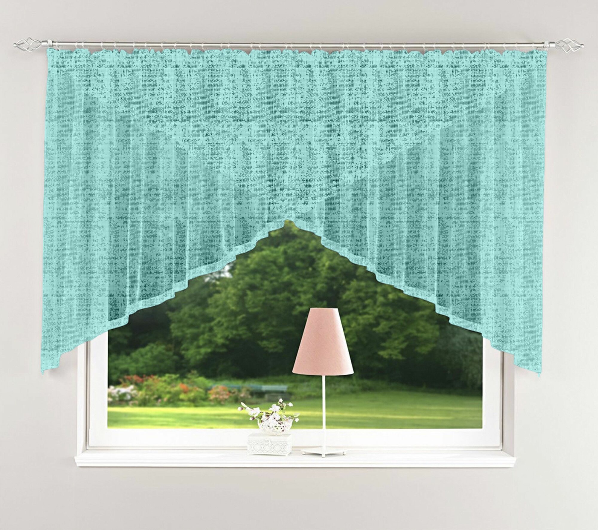 Шторы для кухни ламбрекен с мраморным рисунком на ленте под крючки арт. УГ-КУХ-450 цвет бирюзовый
