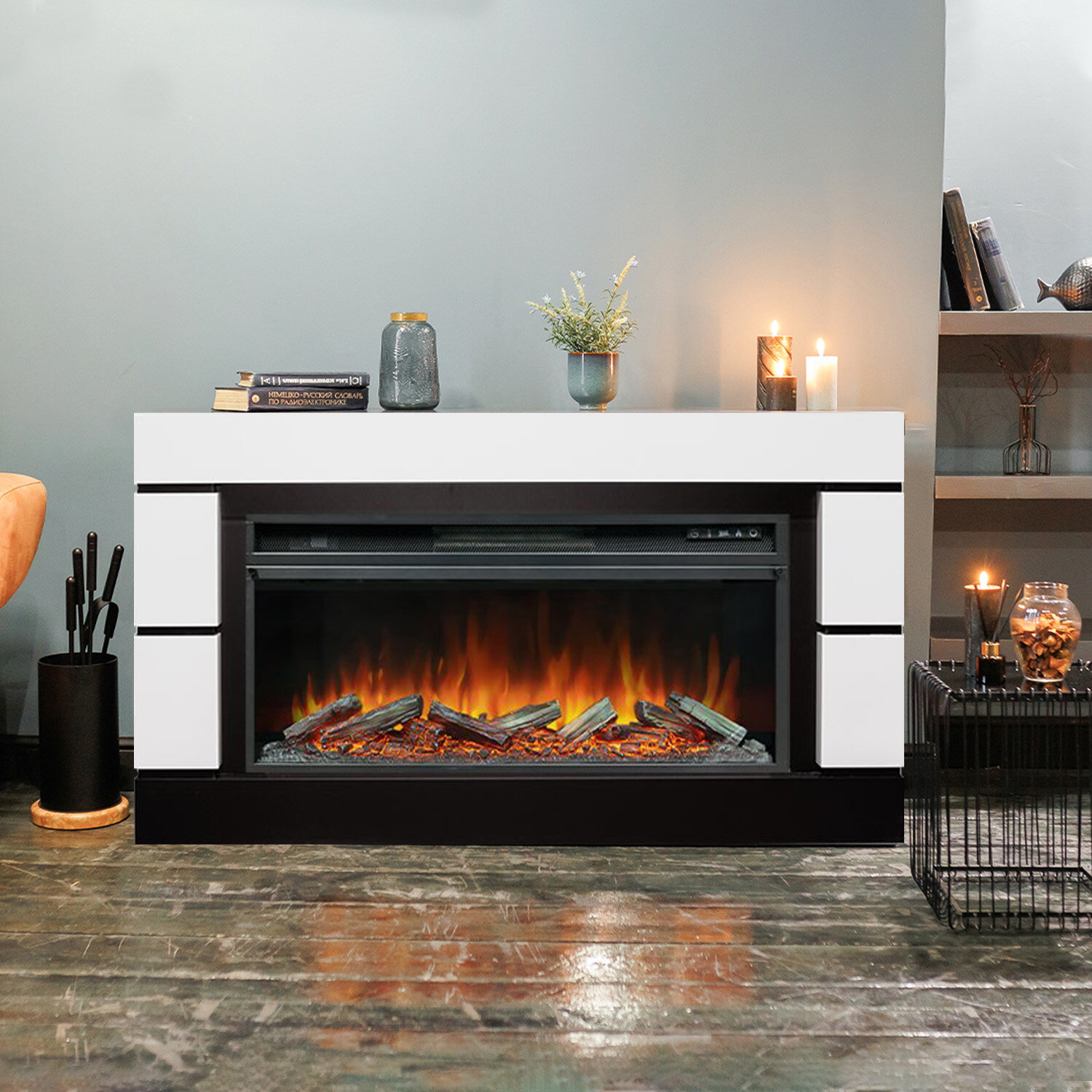 Линейный камин электрический Royal Flame Modern WT-DK с очагом Vision 42 LOG LED, обогрев, пульт ДУ (электрокамин)