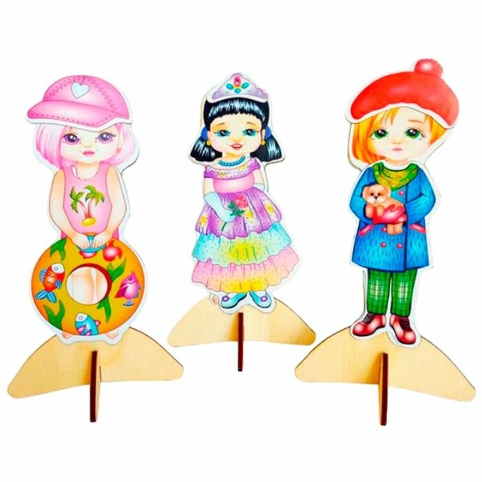 Деревянный магнитный набор ToySib "Три милашки-одевашки" 3 куклы, 3 подставки, 26 элементов (3038)