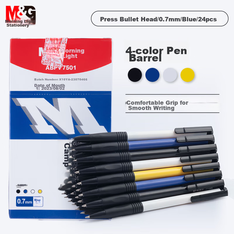 Chenguang (M&G) Stationery Ballpoint Pen, Medium Oil Pen, 0.7mm Bullet Tip, Soft Rubber Grip, Retractable Pen, Student, Office Supplies, Blue, 24 Pcs/box, ABPV7501