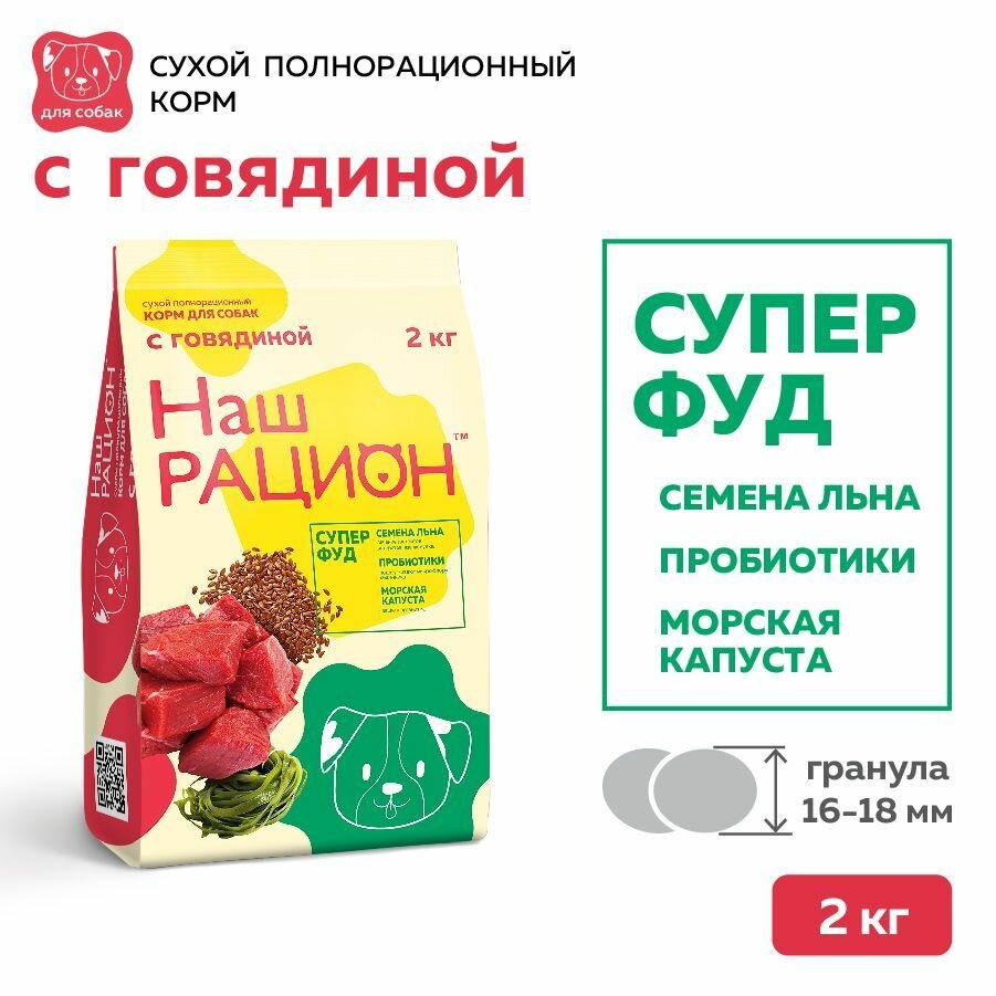 Сухой полнорационный корм для взрослых собак, Говядина ТМ Наш Рацион (2 кг)