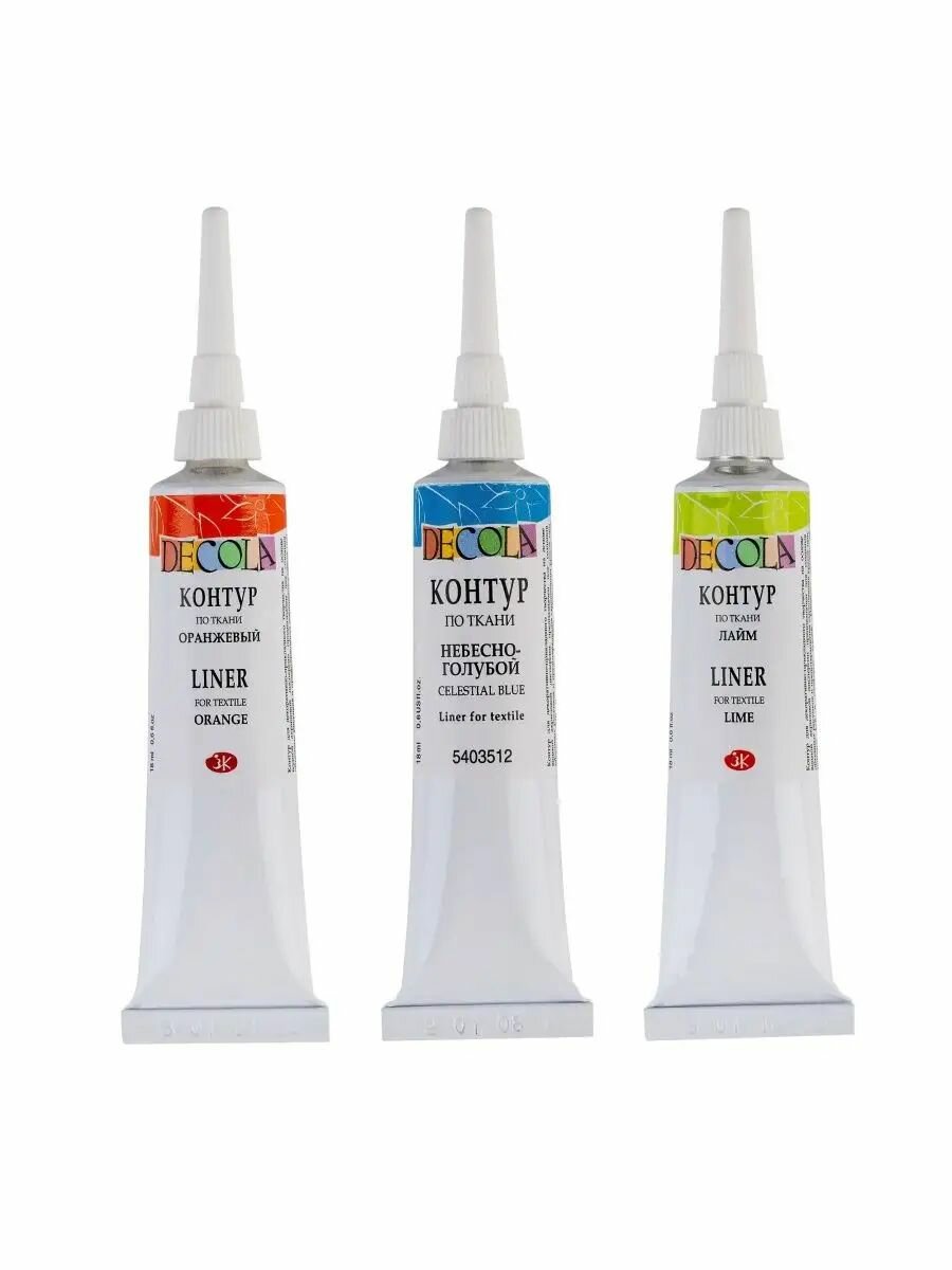 Контуры акриловые по ткани Невская палитра DECOLA, 3 цвета по 18 мл оранжевый, небесно-голубой, лайм 541352198