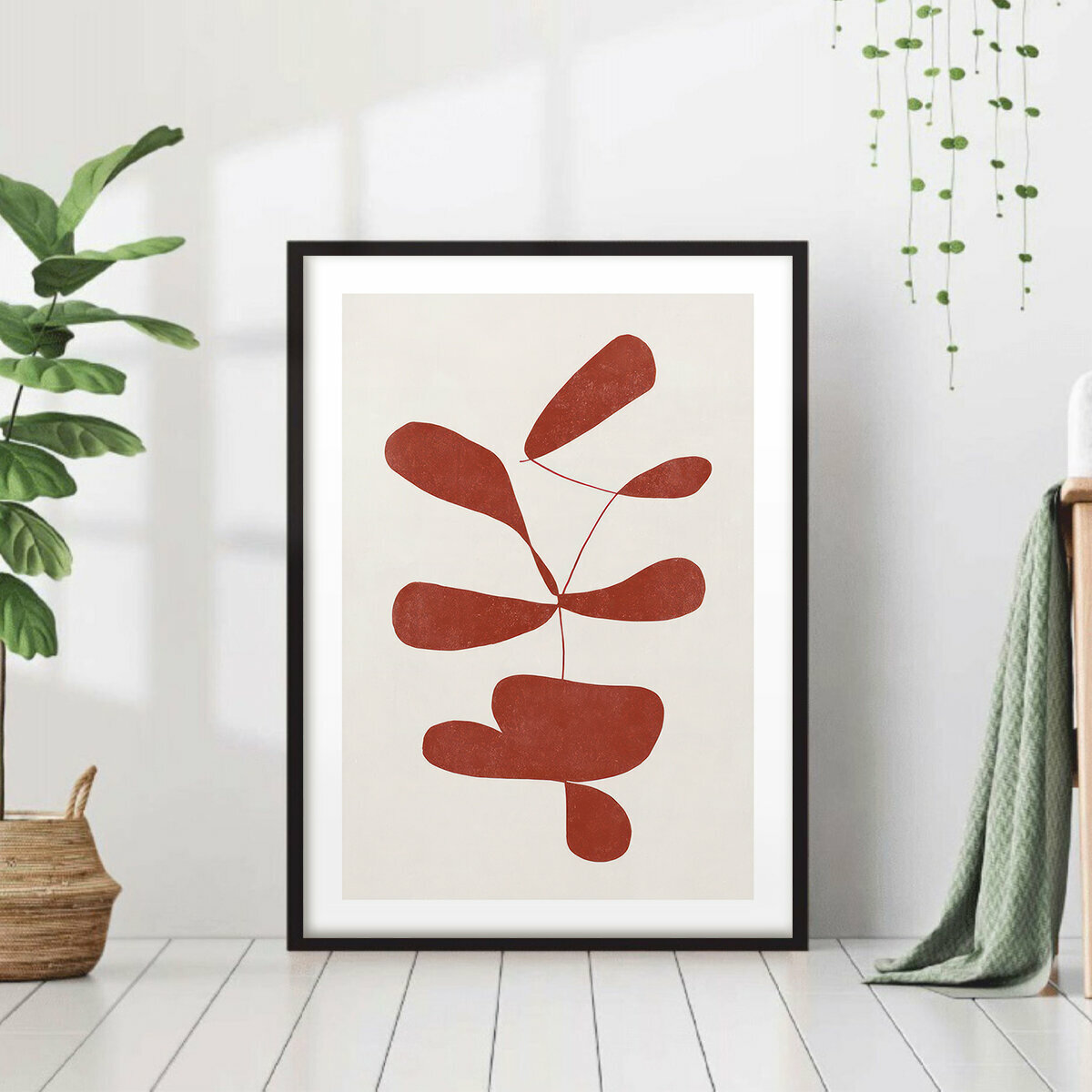 Постер "Абстракция красное растение на бежевом" 40x50 в черной рамке на стену для интерьера