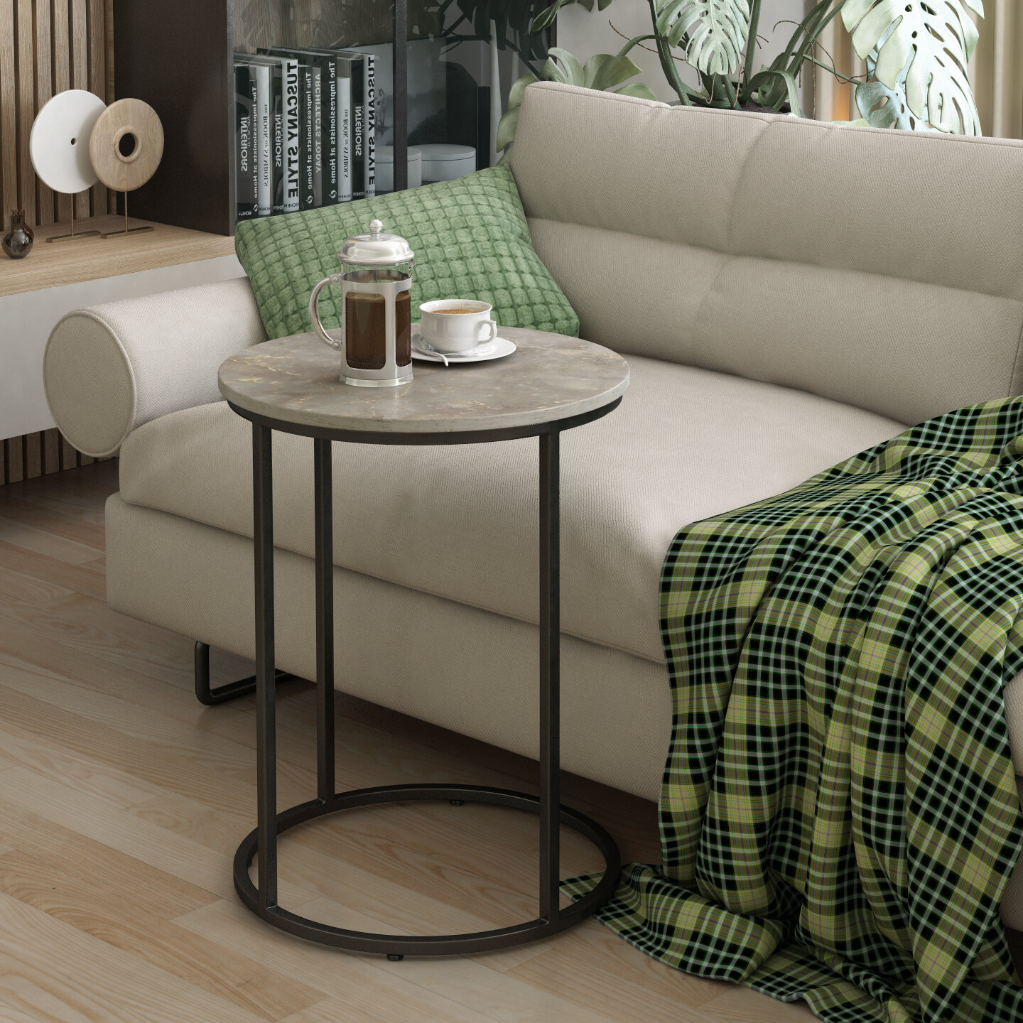 Столик журнальный MebelER Приставной, круглый, металлический, стиль лофт, венис/черный