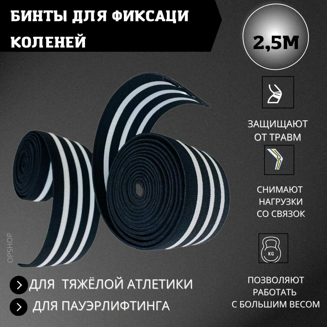 Спортивные бинты коленные для пауэрлифтинга и тяжелой атлетики прорезиненные 2 шт black&white
