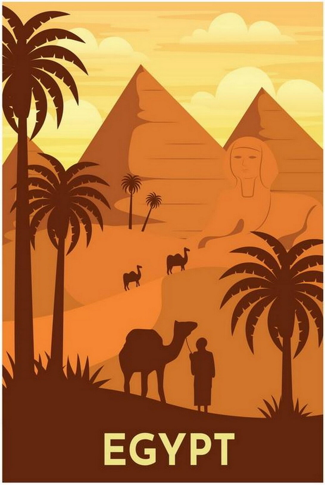 Плакат, постер пирамиды, Сфинкс, верблюды и пальмы на бумаге, размер 30х42см