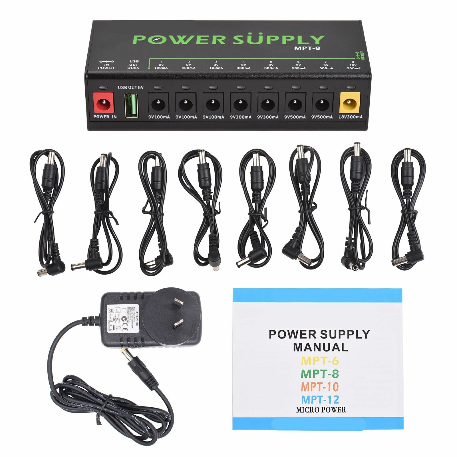 8-канальный блок питания для гитарной педали с независимой защитой от короткого замыкания. Светодиодный индикатор питания для педалей эффектов и портативных устройств.