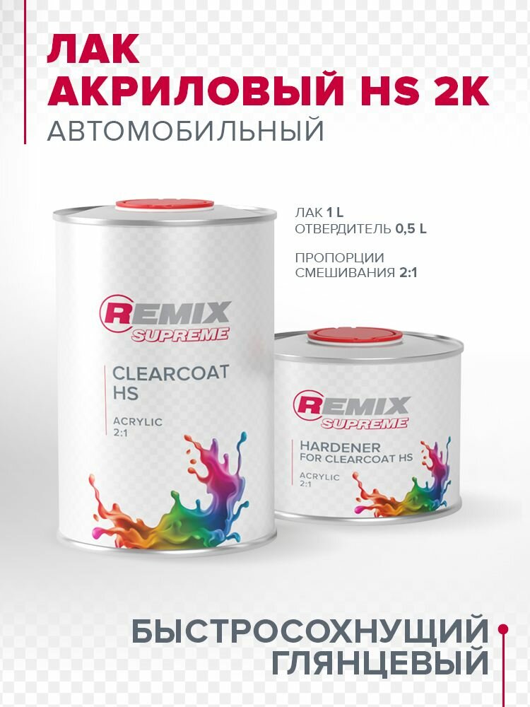Лак 2К HS акриловый глянцевый 2:1 комплект 1 л + 0,5 л отвердитель / REMIX SUPREME / лак автомобильный прозрачный для ремонта и покраски кузова авто