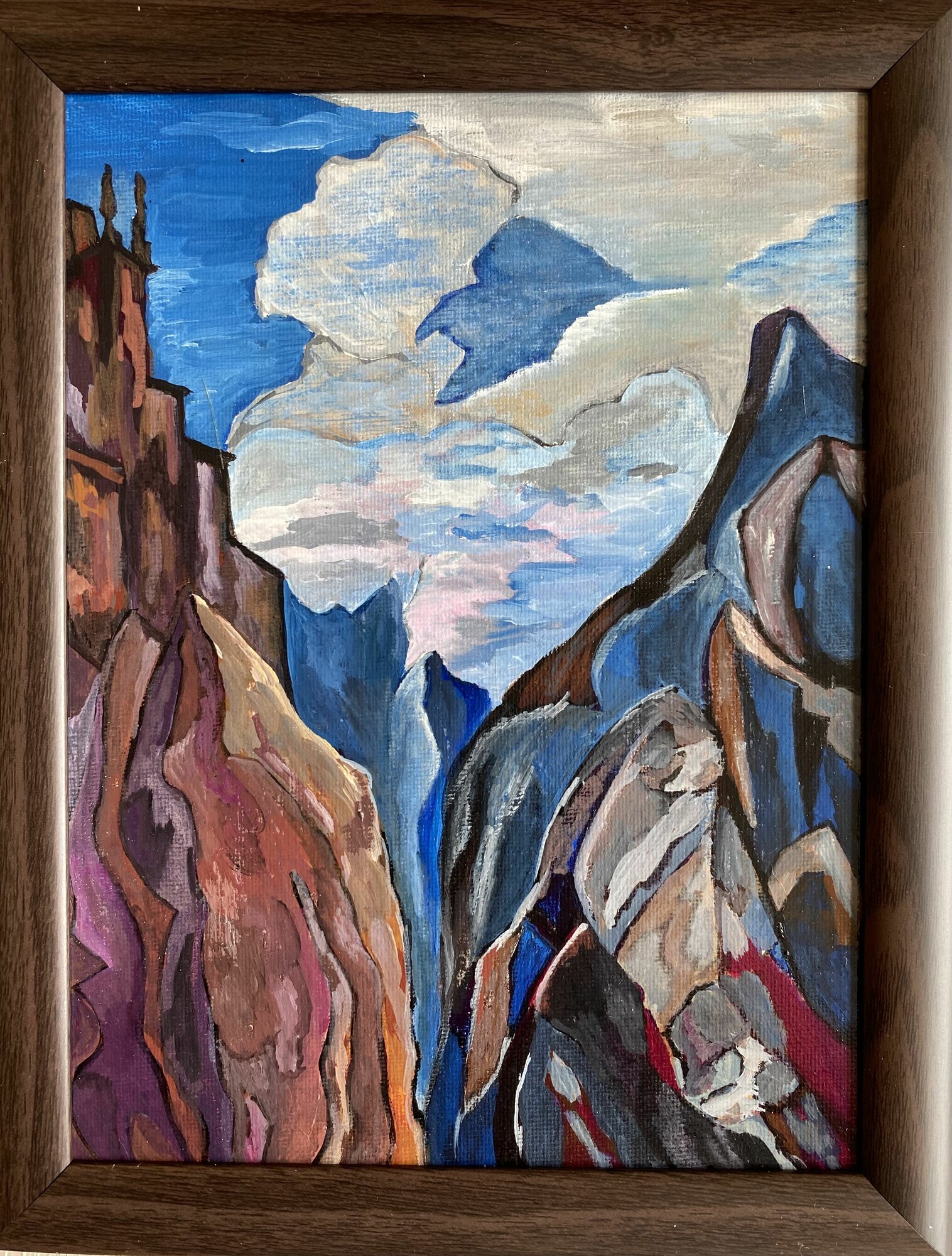 Картина в раме. Ущелье в горах. По Рериху. 18/24. Холст. Темпера. Художник Миляева НН.