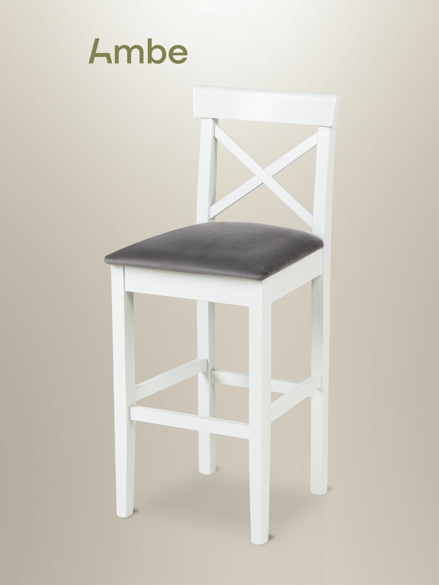 Стул полубарный Ambe Бергольф, деревянный для кухни с мягким сиденьем, Белый, Серый велюр