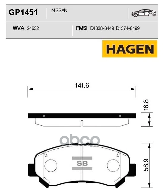 Колодки тормозные, передние "HAGEN" Sangsin brake арт. GP1451