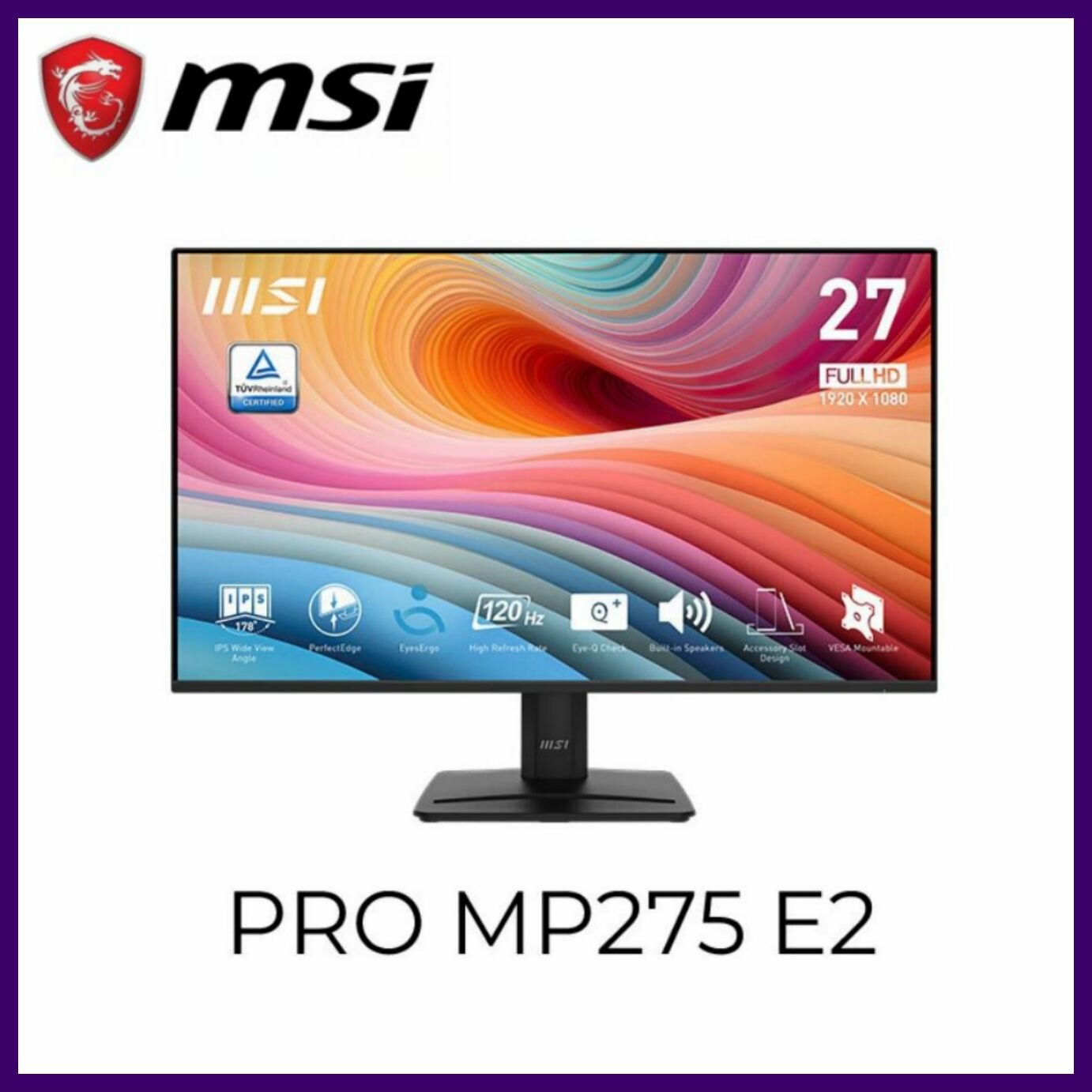 Монитор MSI 27" IPS, 120 Гц, 1 мс, поддержка HDR, встроенные динамики, поддержка крепления на стену, черный MP275 E2. AB