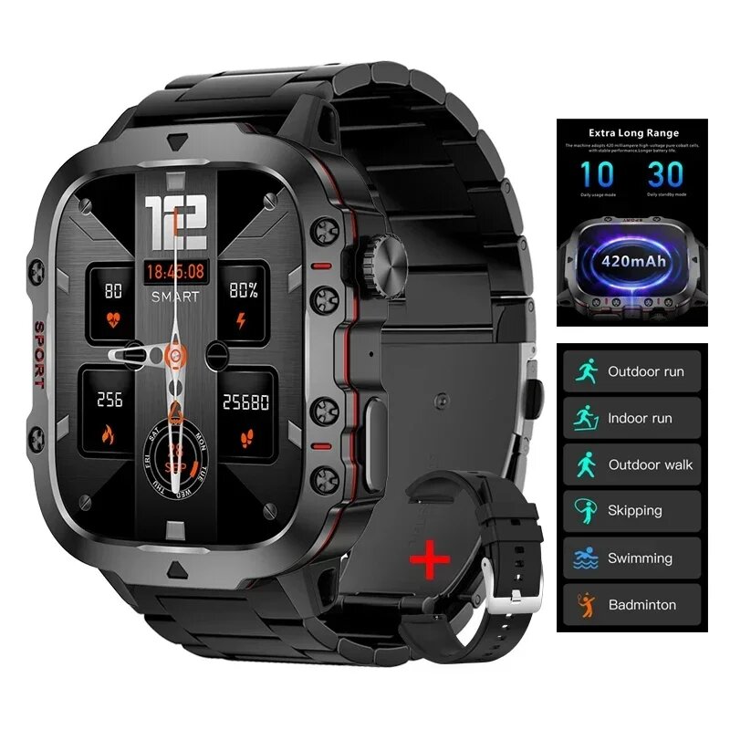 Military Smart Watch IP68 5ATM Steel black