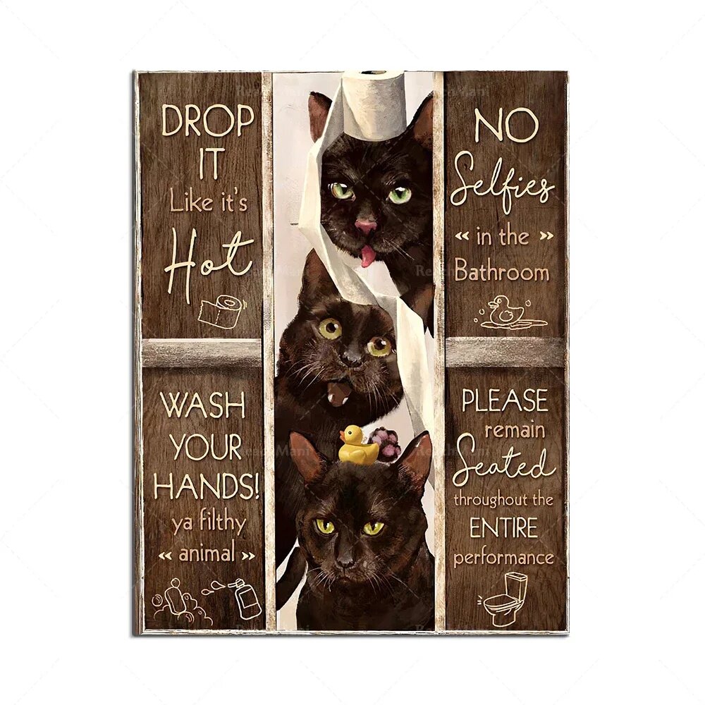 Печать на холсте "Забавный черный кот, свинья, коза, корова, осел, правила ванной комнаты" ReachMani