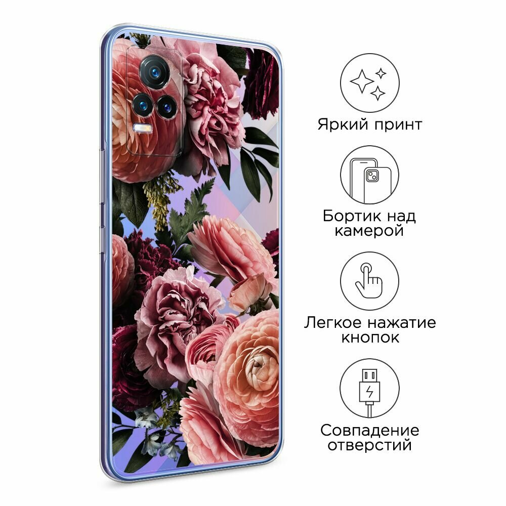 Чехол на Vivo V21e 4G / Виво V21e 4G с принтом "Бордовые винтажные цветы", прозрачный — фото 1