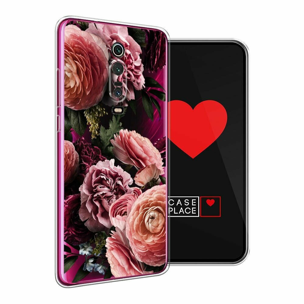Чехол на Xiaomi Redmi K20/K20 Pro/Mi 9T/9T Pro / Сяоми Редми К20 с принтом "Бордовые винтажные цветы", прозрачный — фото 1