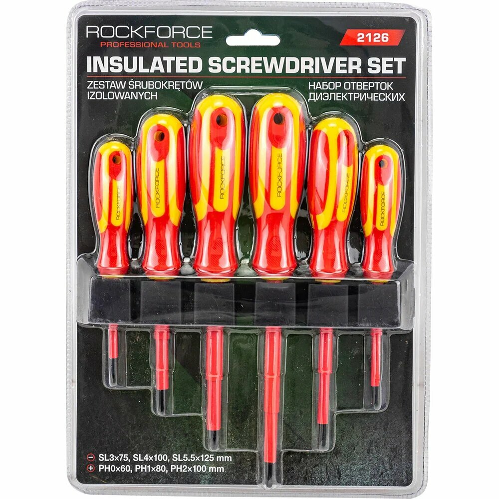 Отвертки диэлектрические Rockforce набор 6 предметов RF-2126(66003) полупрофессиональный набор с настенным держателем