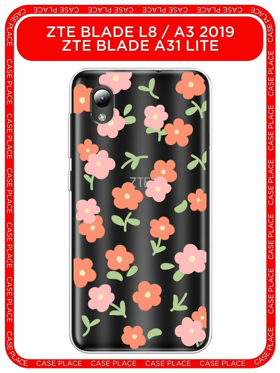 Чехол на ZTE Blade L8/A3 (2019)/A31 lite / ЗТЕ Блэйд L8/A3/A31 Лайт с принтом "Красные цветочки рисунок", прозрачный