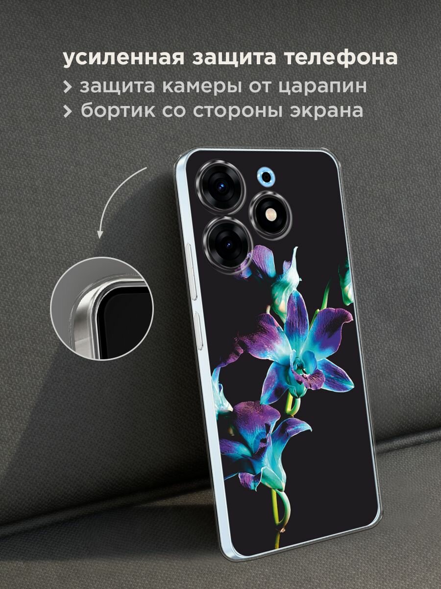 Чехол на Tecno Spark 10 Pro / Текно Спарк 10 Про с принтом "Синий цветок на черном" — фото 1