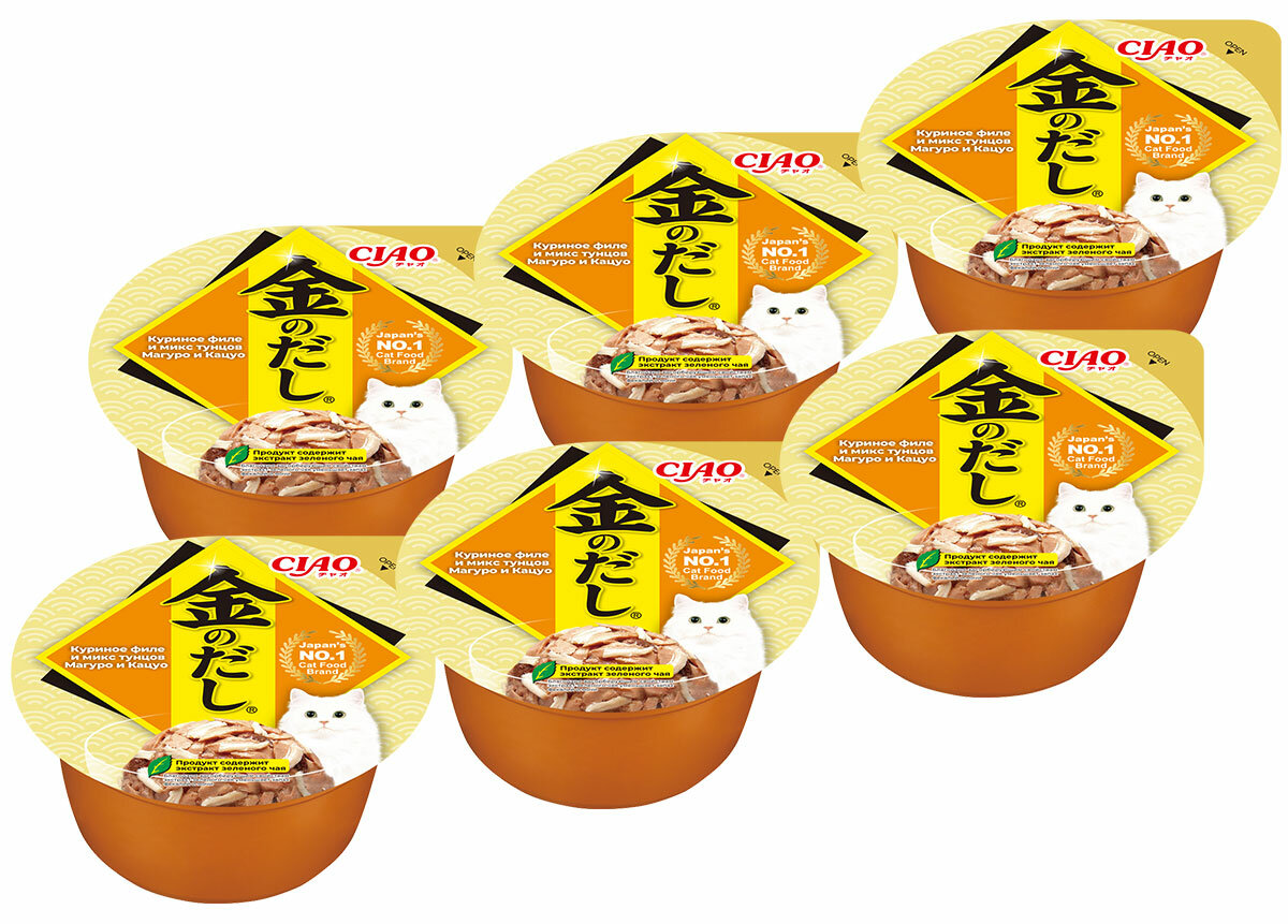 Корм влажный Inaba Ciao Kinnodashi Cup для взрослых кошек, куриное филе и микс тунцов Магуро и Кацуо в желе, ламистер, 70 г х 6 шт