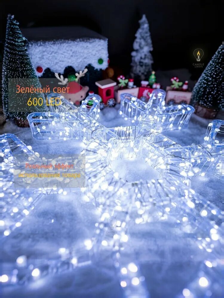 Новогодняя гирлянда Белые снежинки, зимние декоративные огни, 600 LED, 8 режимов мигания, подвесная гирлянда-снежинка, для украшения окон, дома и улицы, питание от сети.
