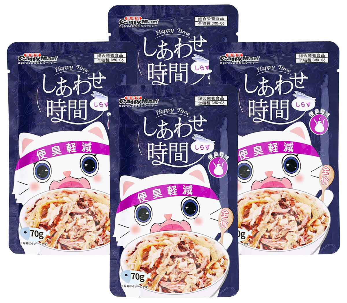 Корм влажный Cattyman Момент Счастья для кошек для устранения неприятного запаха туалета, анчоус и тихоокеанический тунец, 70 г х 4 шт
