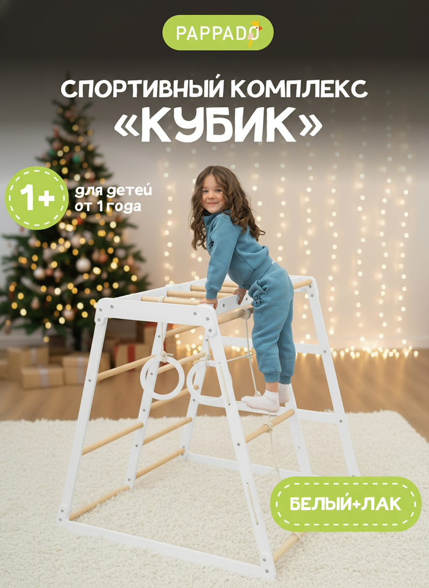 Спортивный комплекс с гимнастическими кольцами для детей 1-10 лет от "Pappado", дерево, цвет белый + лак