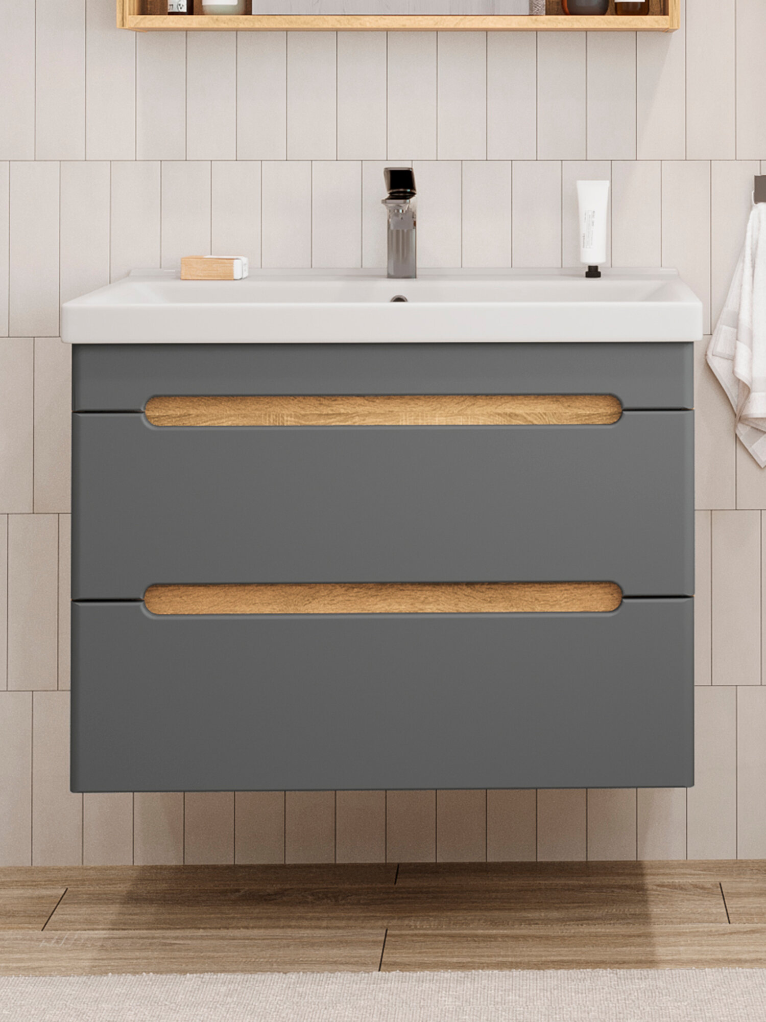 Тумба подвесная SanStar Diva 80 с раковиной Фест 80 (комплект) для ванной комнаты, дуб вотан, графит софт