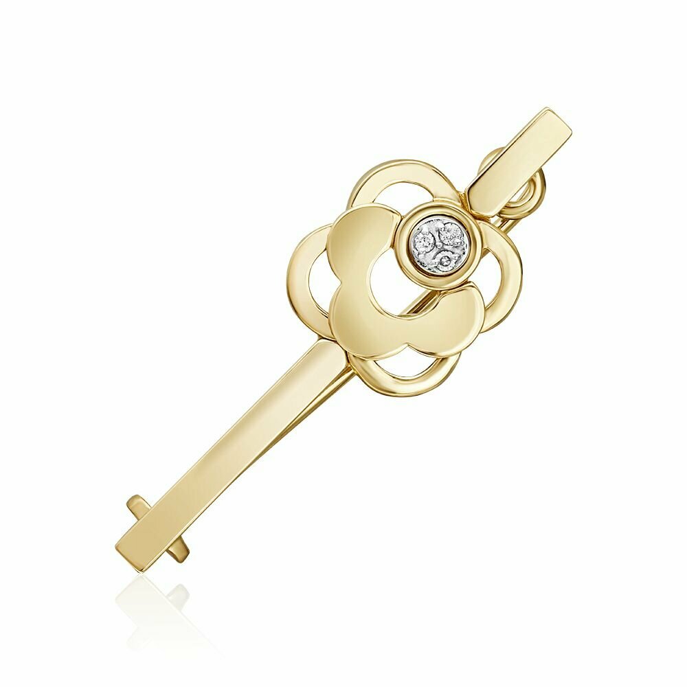 Брошь, желтое, белое золото, 585 проба, родирование, бриллиант