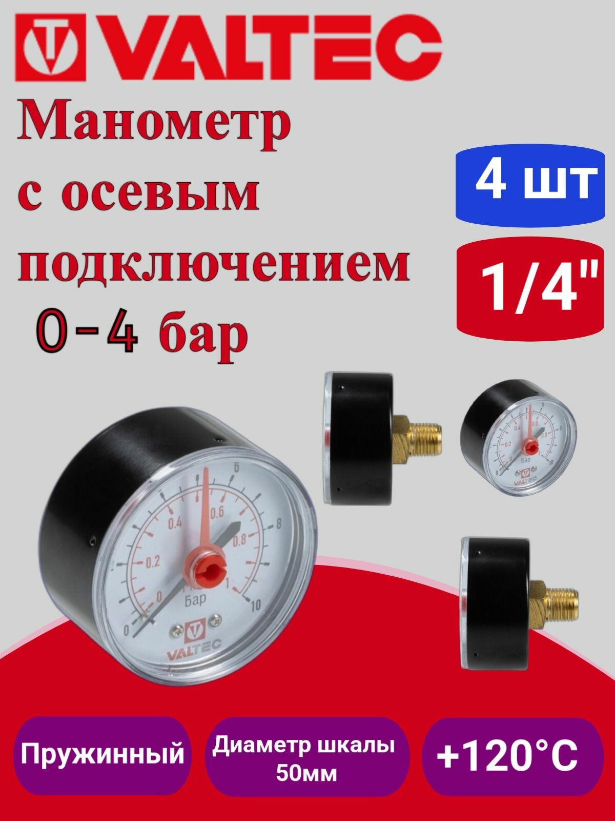 4 шт - Манометр-индикатор с осевым подключением 0-4 бар; 1/4"