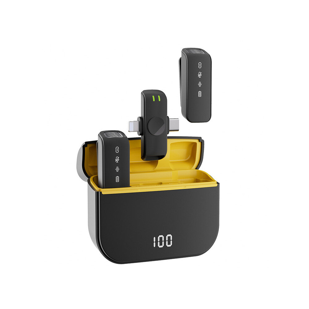 2 в 1 Беспроводной Лавальный Микрофон Двойной Микрофон Снижение Шума Длинное Передача с Зарядным Кейсом Портативный Микрофон для Мобильного Телефона Внешняя Запись Лайв Трансляция Плаг и Плей 2.4G-2.4835GHz 15м 64kb 48KHZ 600mAh 60mAh 44.5*16mm