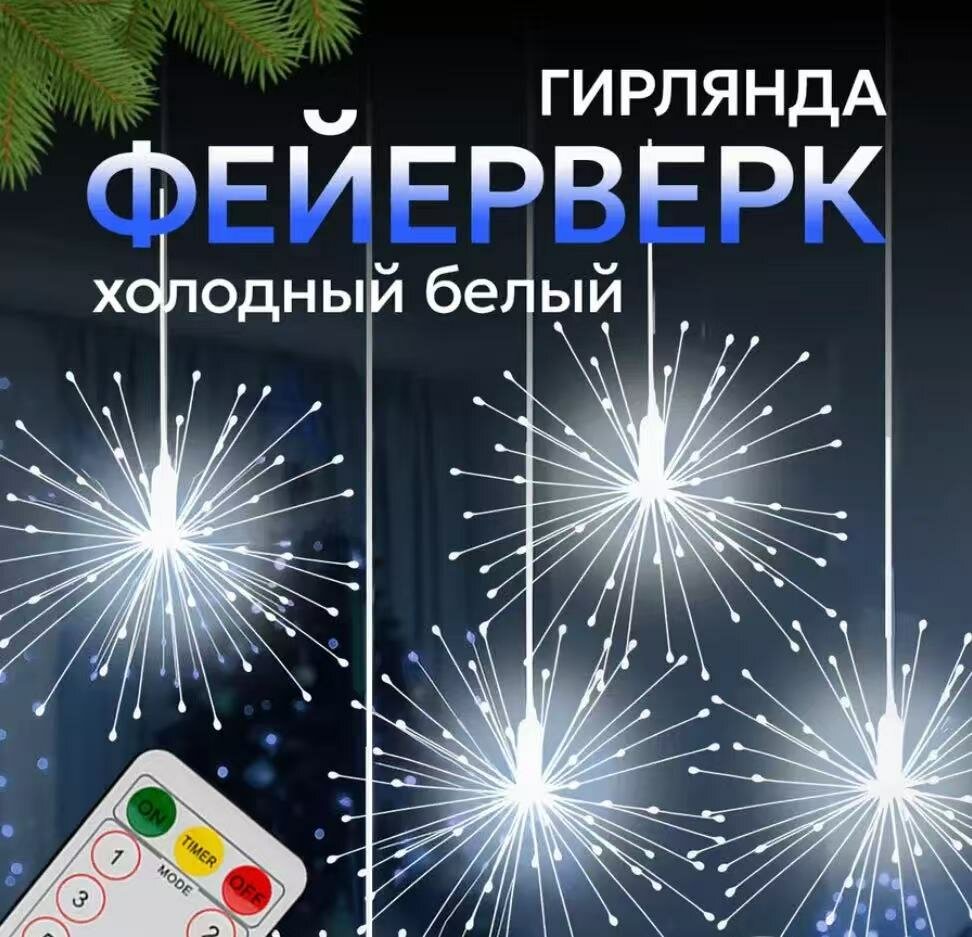 Гирлянда "Фейерверк", бахрома, 3 м, пульт управления, белый светИдеальное украшение для домашней вечеринки。