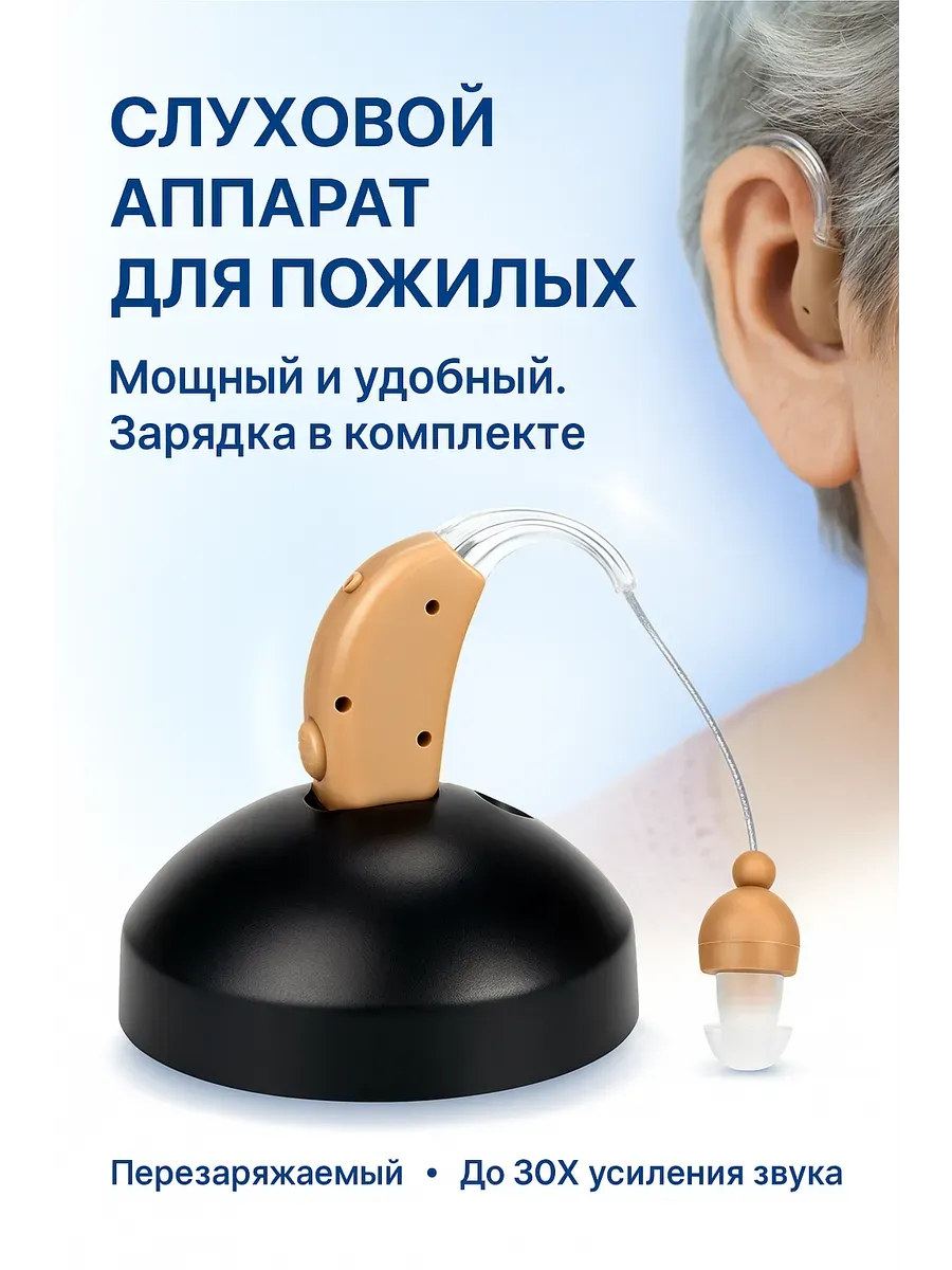 Накладной слуховой прибор с зарядным устройством для пожилых и взрослых