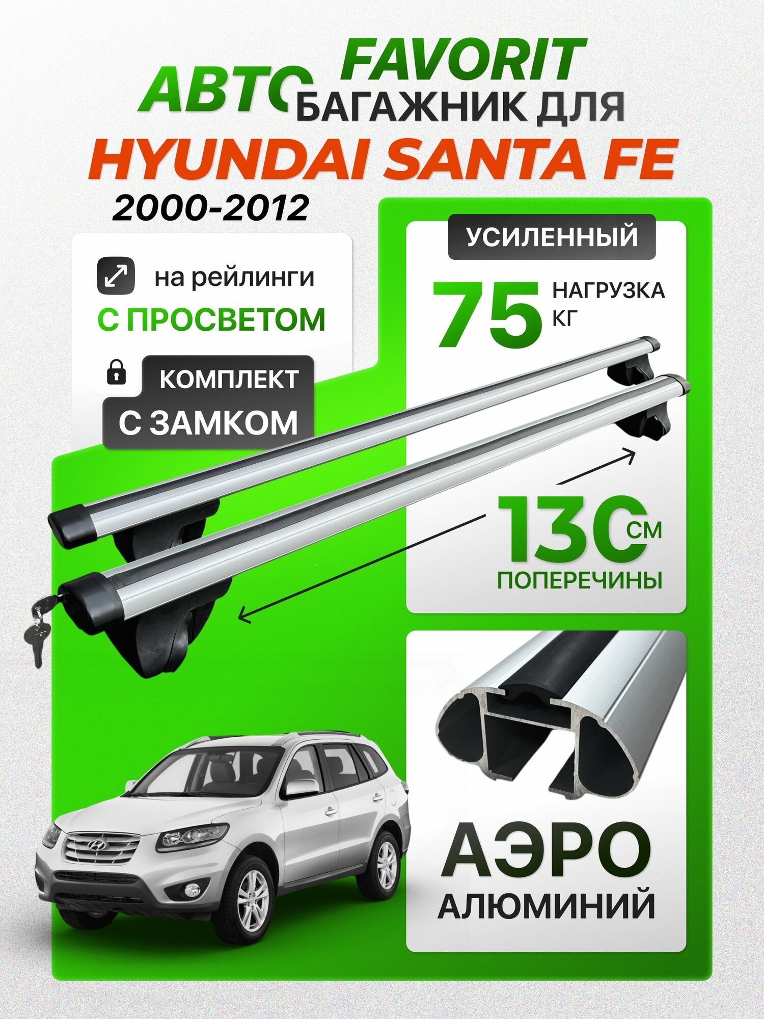 Багажник для Hyundai Santa Fe (Хендай Санта Фе) с 2000 по 2012 года, Favorit-130 аэро с замком, на рейлинги с просветом