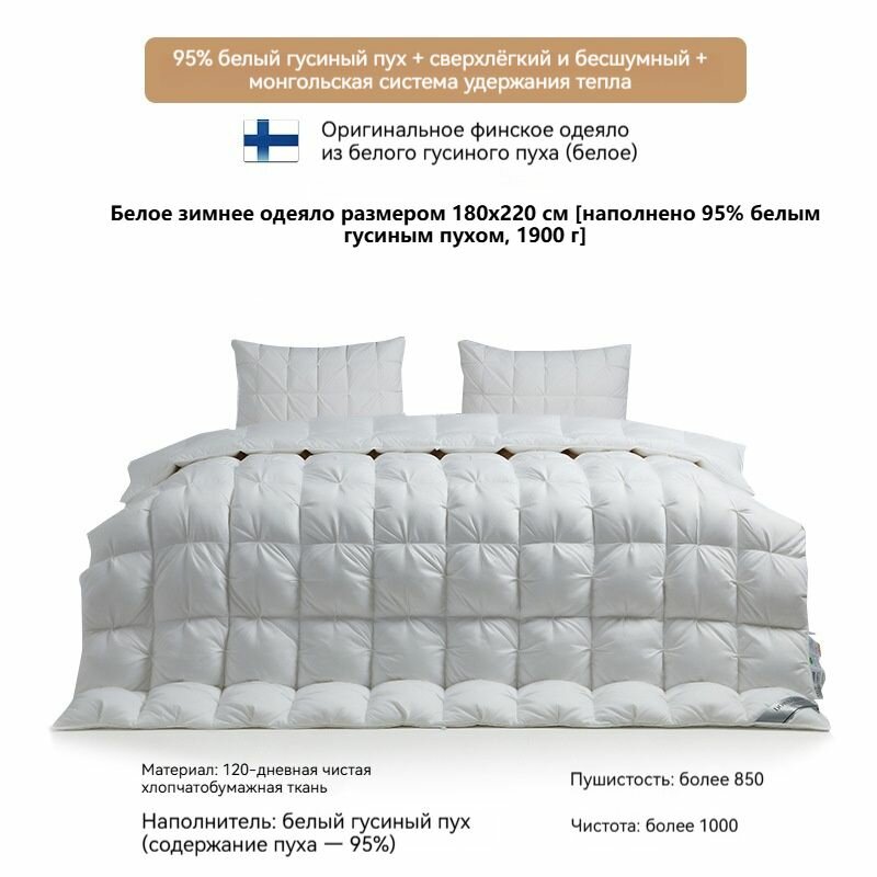 Зимнее пуховое одеяло премиум-класса из Финляндии (95% белый гусиный пух, 850+ FP, 120s хлопок, 3 цвета)