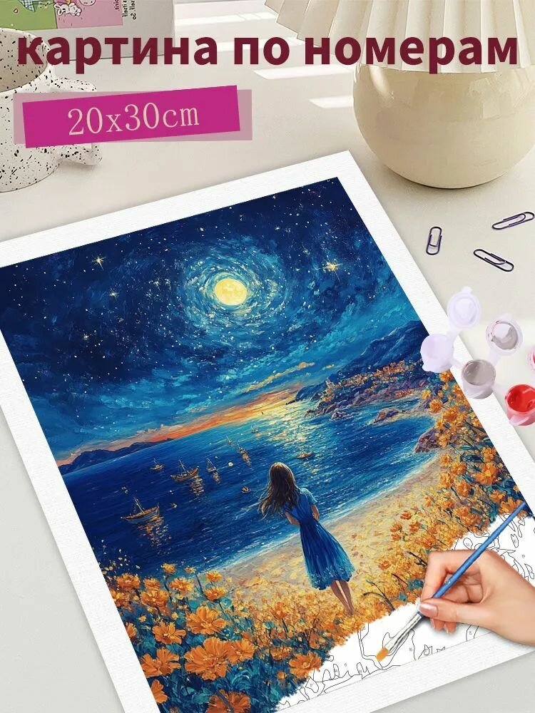 Картина по номерам "Девушка из Звездного неба Ван Гога", на холсте Без рамки 20х30, раскраска по номерам