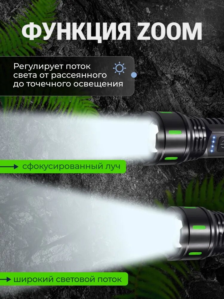 Ручной фонарь 10000 Лм, 20 Вт, дальность 3000 м, встроенный аккумулятор, IP65, черный/зеленый — фото 1