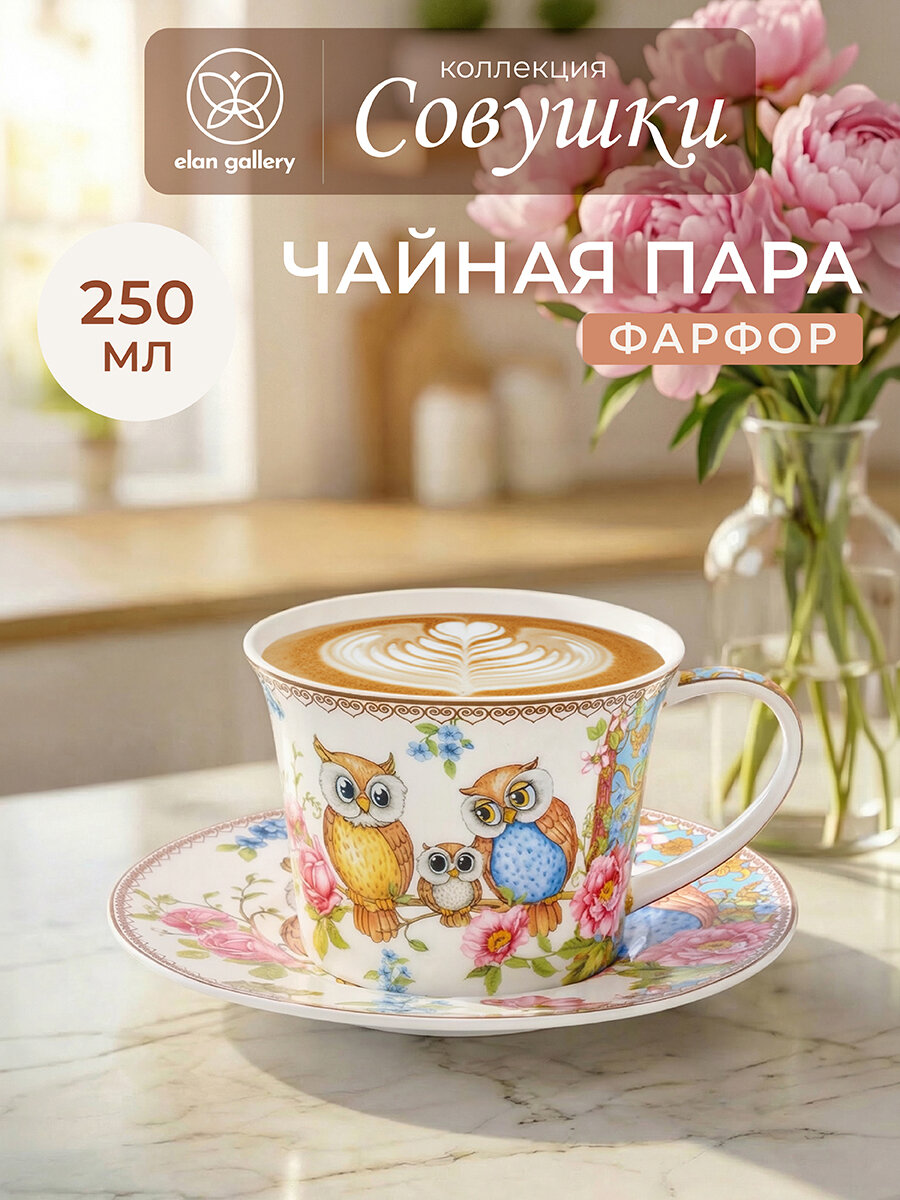 Чайная пара, чашка с блюдцем 250 мл Elan Gallery "Совушки", фарфор